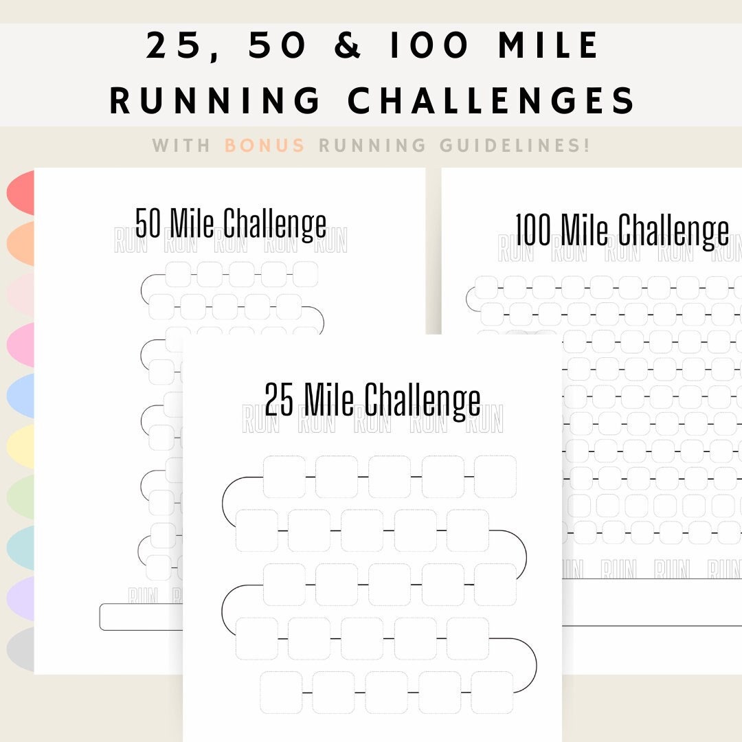 25, 50 & 100 Mile Challenge Bundle and Tracker, Fitness Planner ...