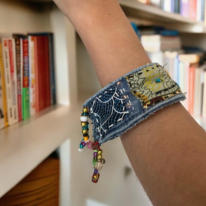 Recycled Denim Cuff. the Bracelet is Embellished With Beads and Fabrics, Finished With Boro ...