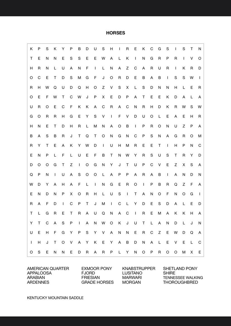 Word Search Horse Breeds Printable Instant Download PDF - Etsy