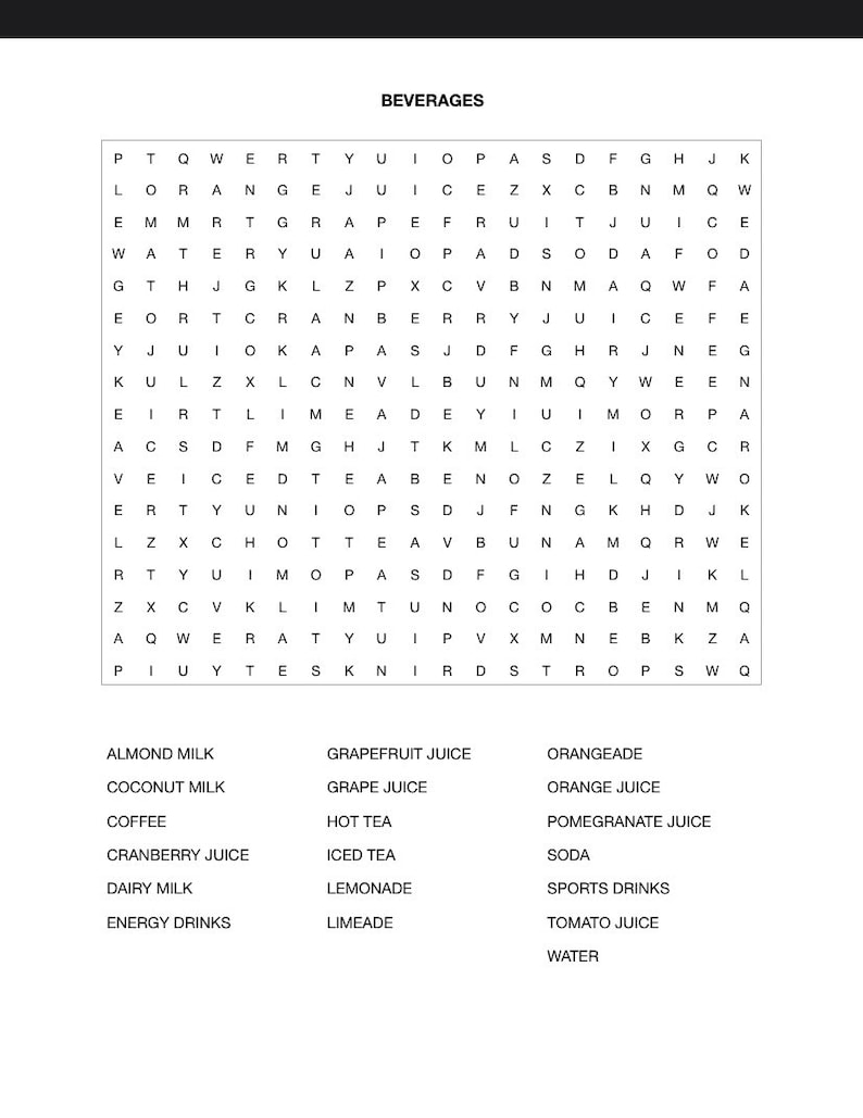 Beverages Drinks Word Search Instant Download Printable PDF - Etsy