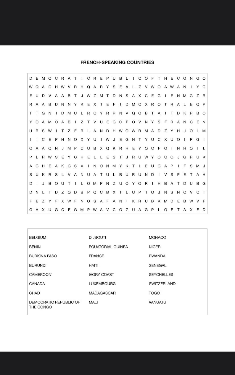 French-speaking Countries Word Search Instant Download Printable - Etsy