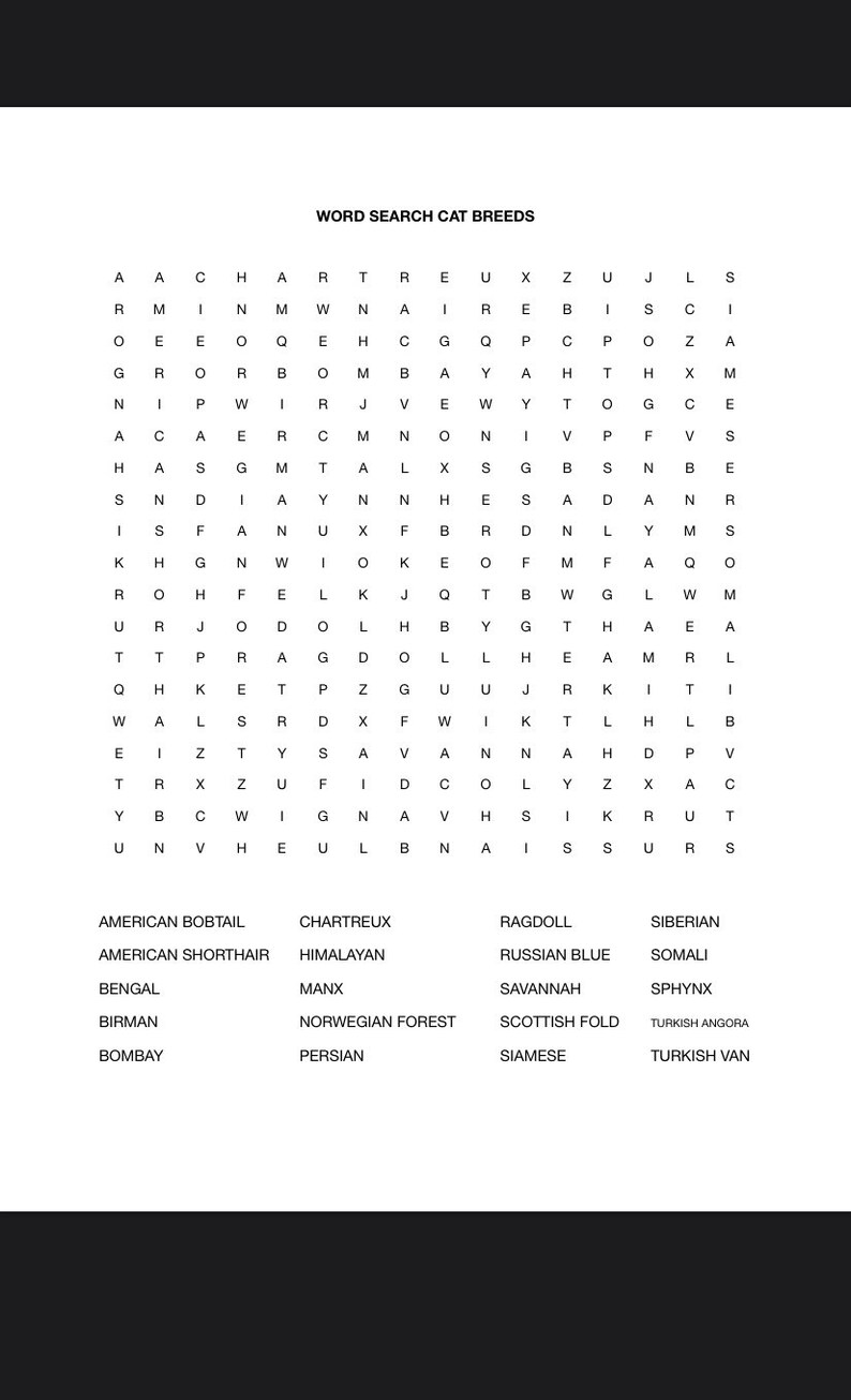 Word Search Cat Breeds Printable Instant Download PDF - Etsy Ireland