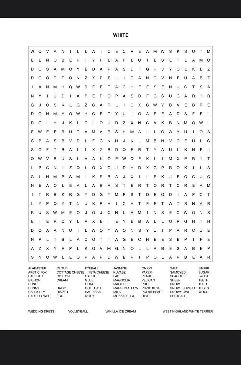 Word Search White Things Instant Download Printable PDF - Etsy