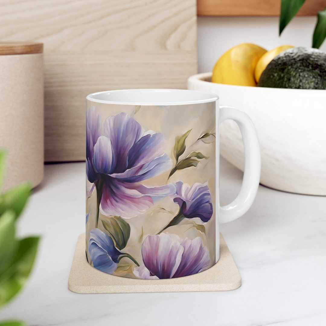 Flower Mug Purple Watercolor Flower Ceramic Coffee Mug 11oz Coffee Cup ...