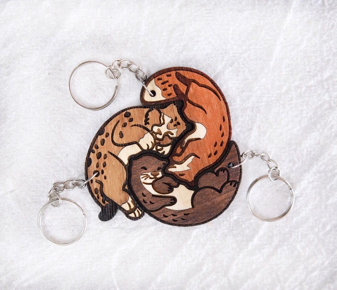 Throuple Keychain Set of 3 | Otter Fox Lynx | Matching Couple Keychains | Wood Keychains for a ...