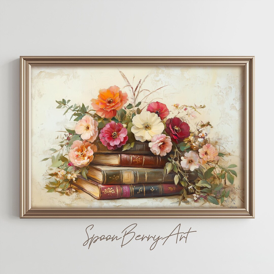 Floral Book Stack Print: Vintage Library Oil Painting (digital Download ...