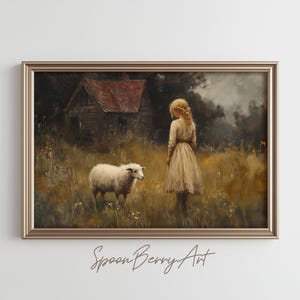Sheep Girl Painting, Vintage Country Wall Print, Shepard Girl Print ...