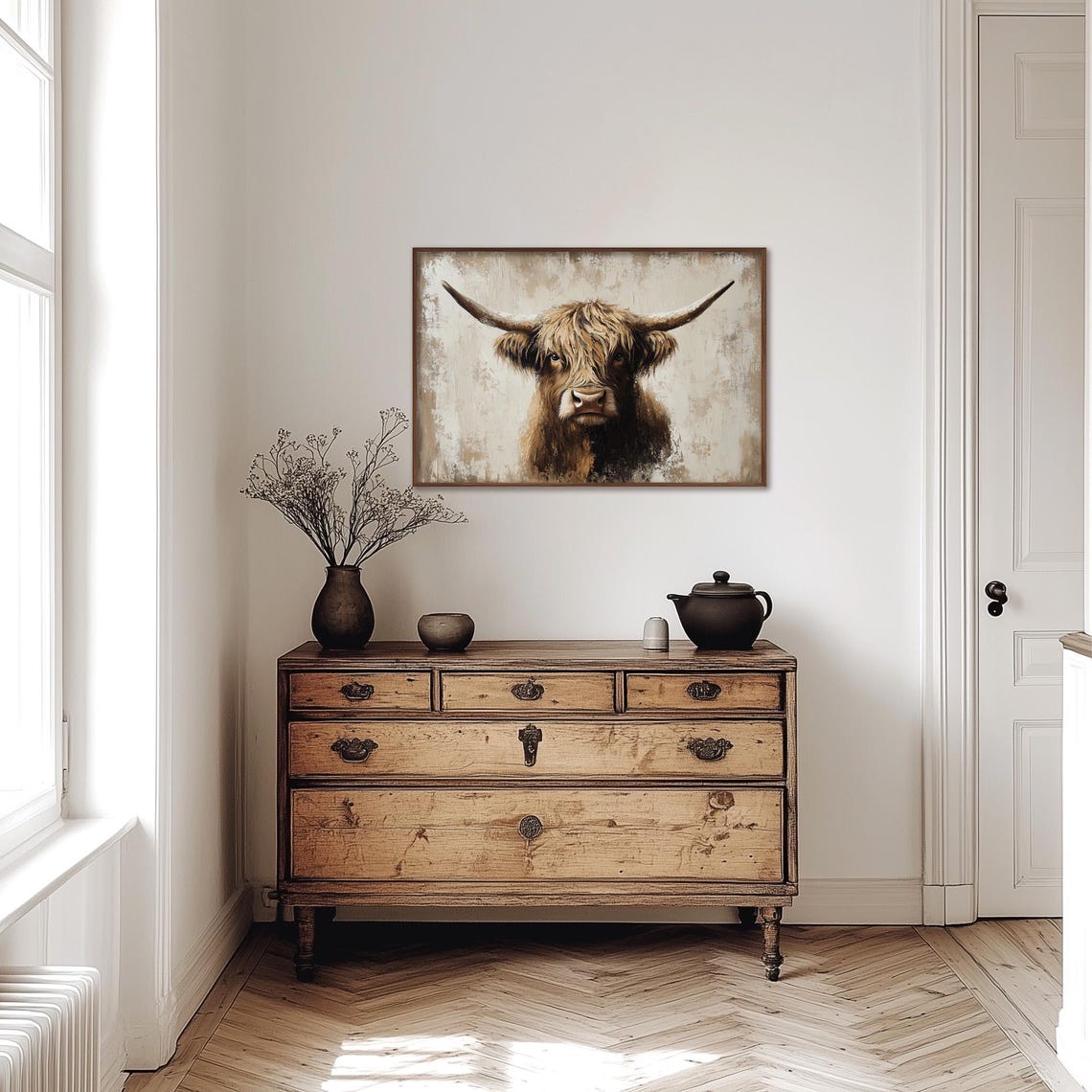 Highland Cow Painting, Moody Vintage Wall Print, Highland Cow Print ...