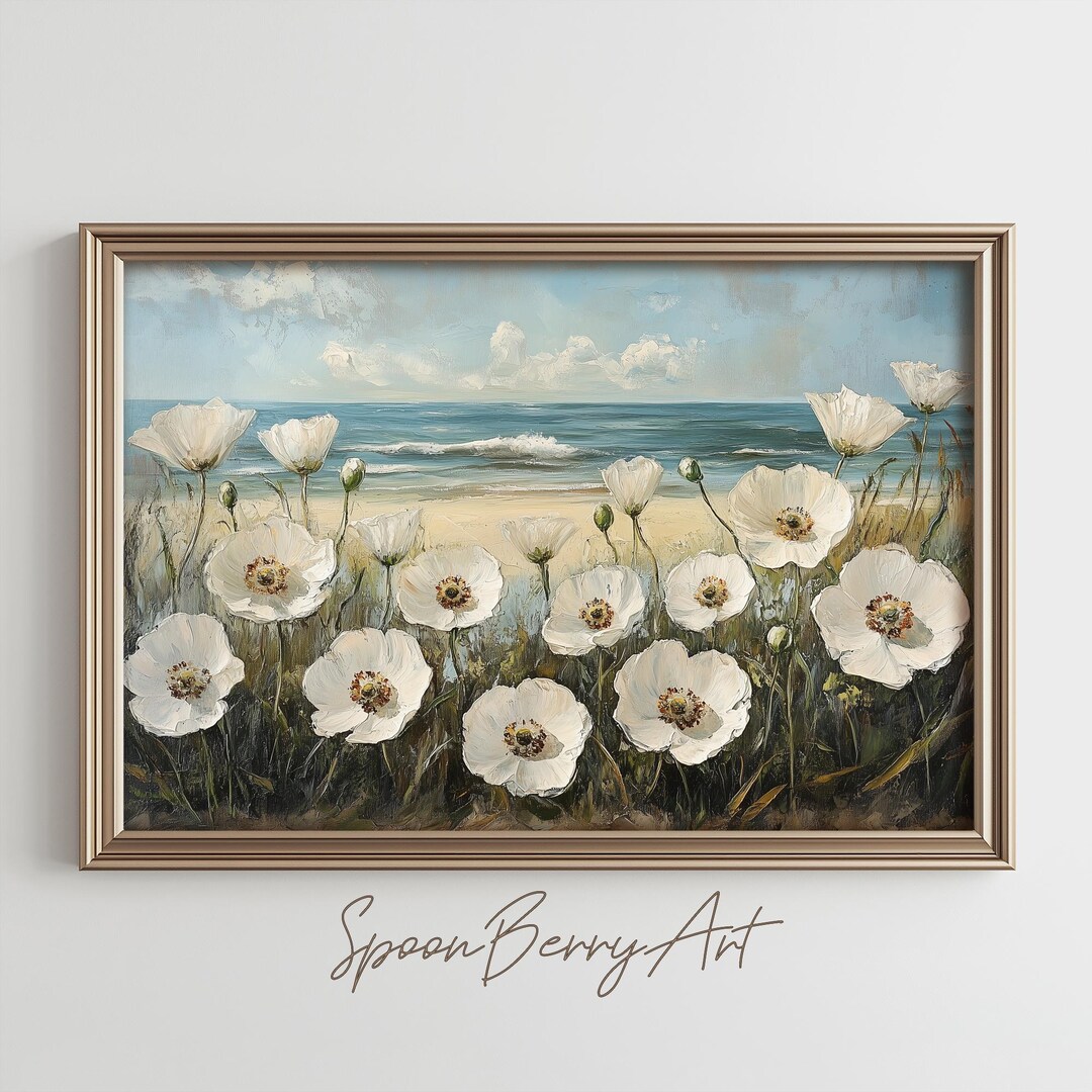 White Beach Flower Painting, Vintage Flowers Wall Print, Flower Print ...