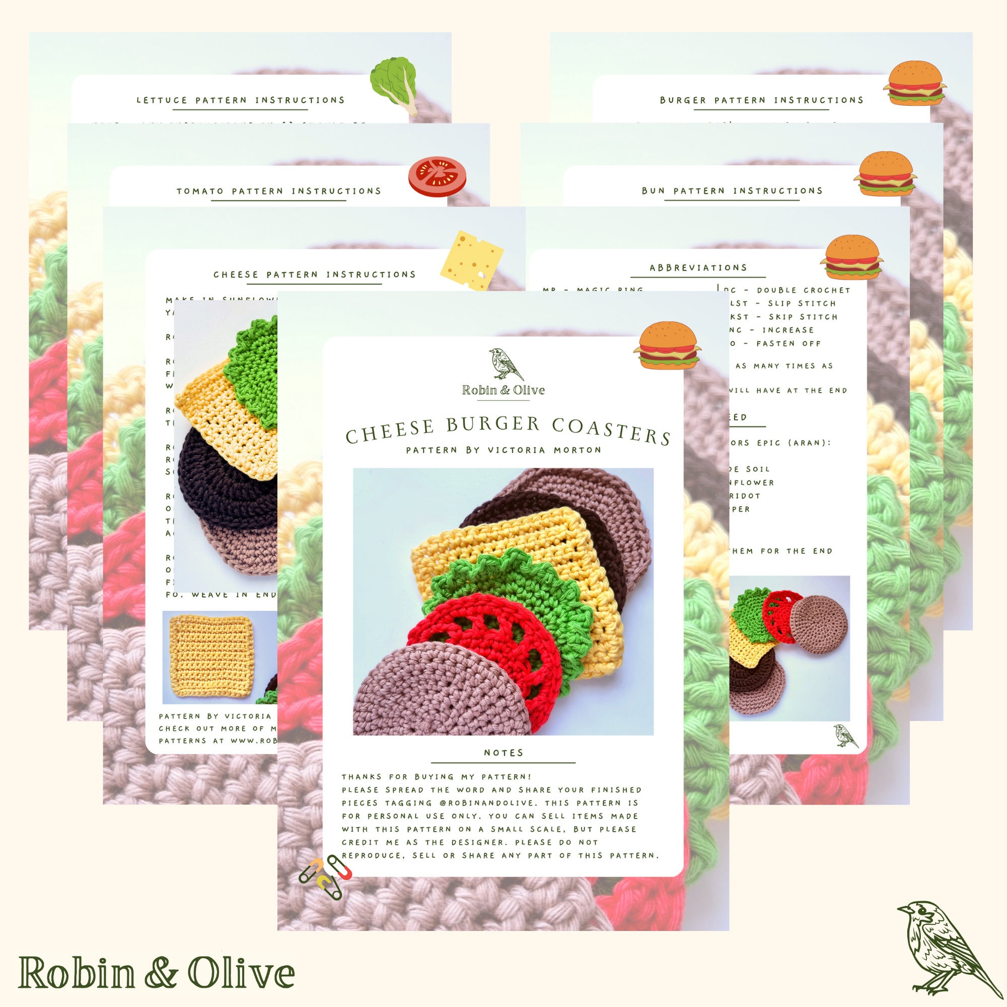 Crochet Cheeseburger Coasters Pattern | Crochet Pattern | Burger | Fast ...