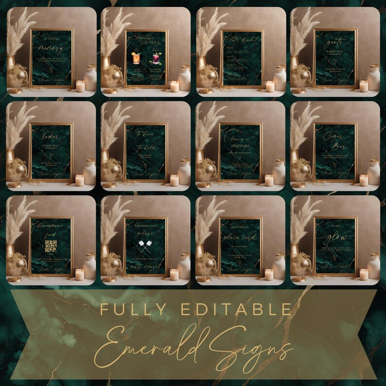 Emerald Green and Gold Wedding Sign Bundle, Fully Editable Canva ...