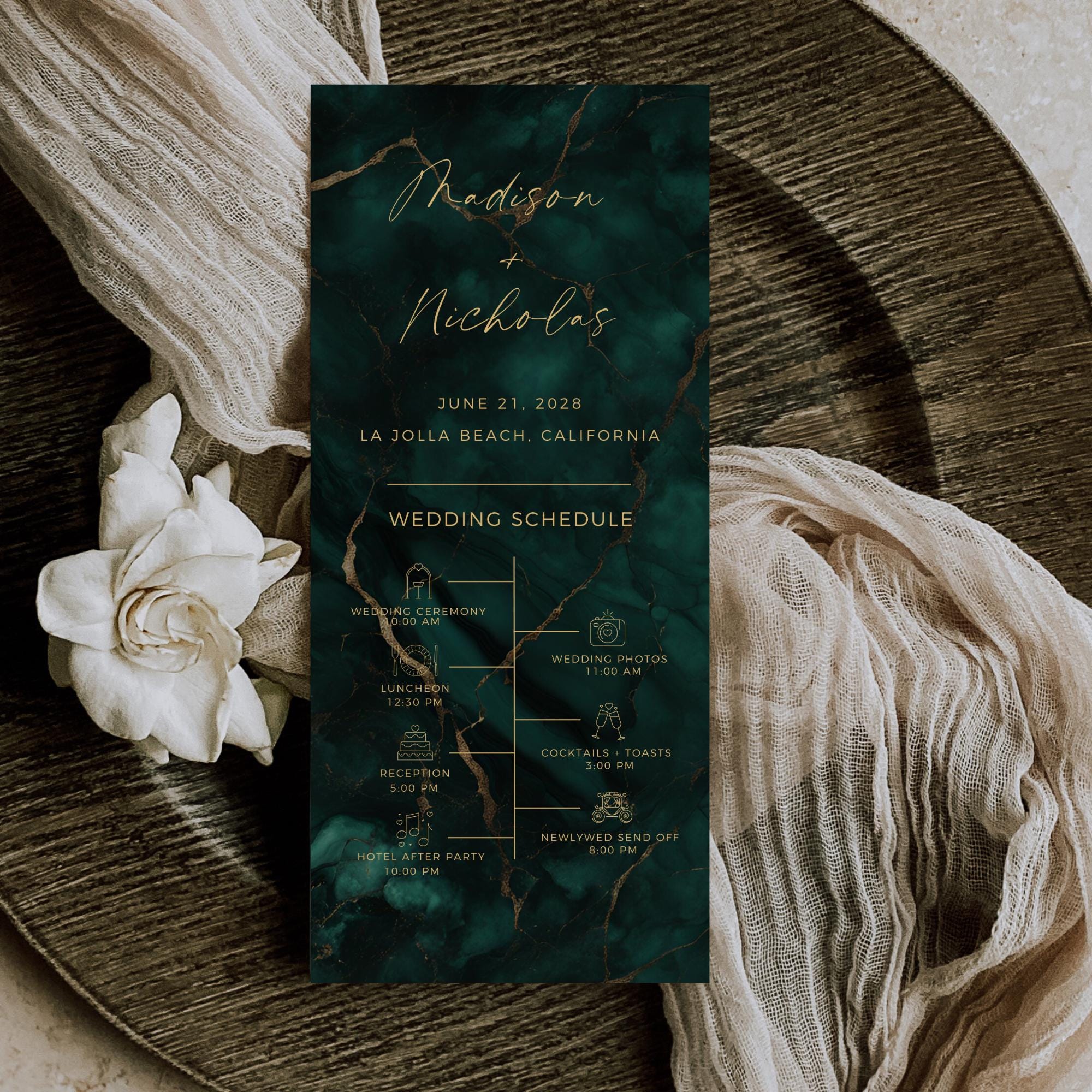 Emerald Wedding Program, Editable Template, Marble Green Itinerary and ...