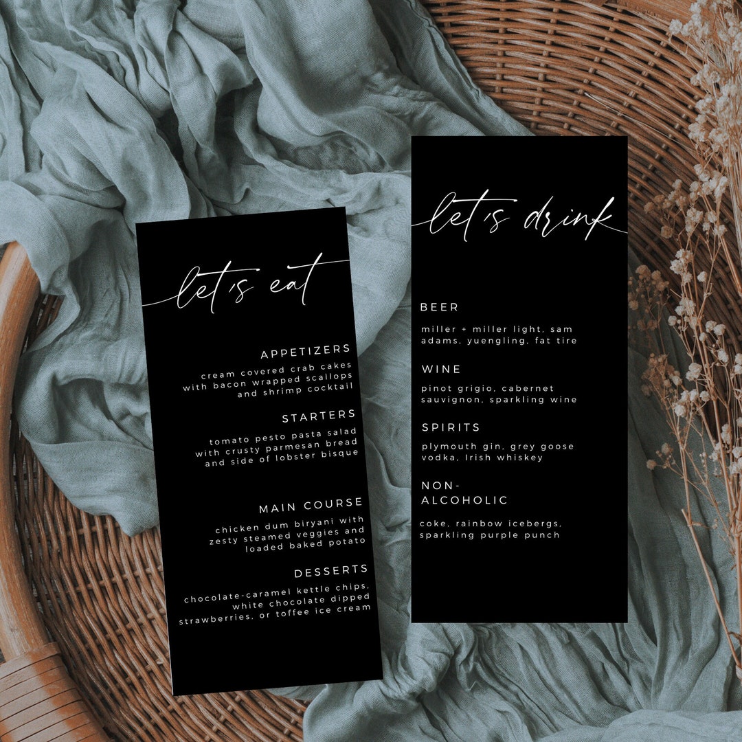 Black Wedding Menu Template, Printable Wedding Bar and Dinner and Drink ...