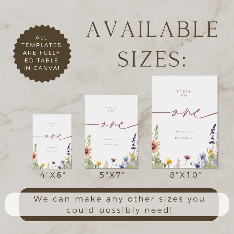 Watercolor Wildflower Table Number Cards, Editable Template, Elegant ...