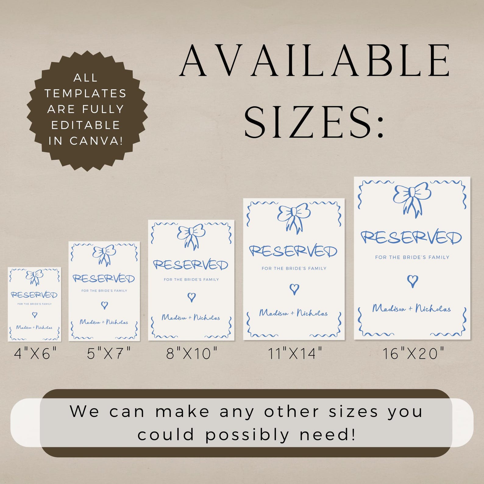Blue Hand Drawn Reserved Table Sign Wedding, Fully Editable DIY Canva ...