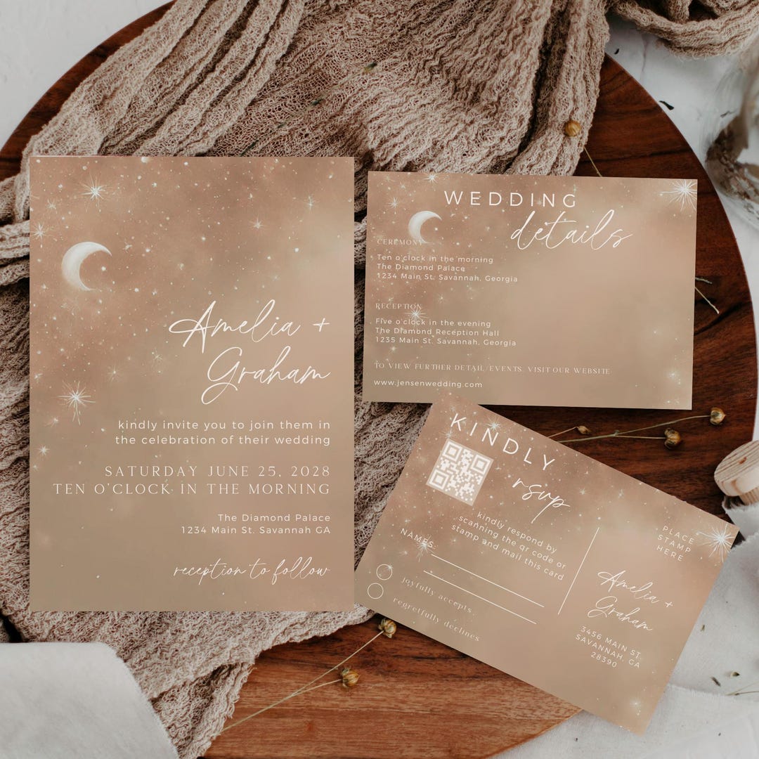 Celestial Wedding Invitation, Editable Template, Wedding Invite Suite, Bohemian Moon Invitation ...