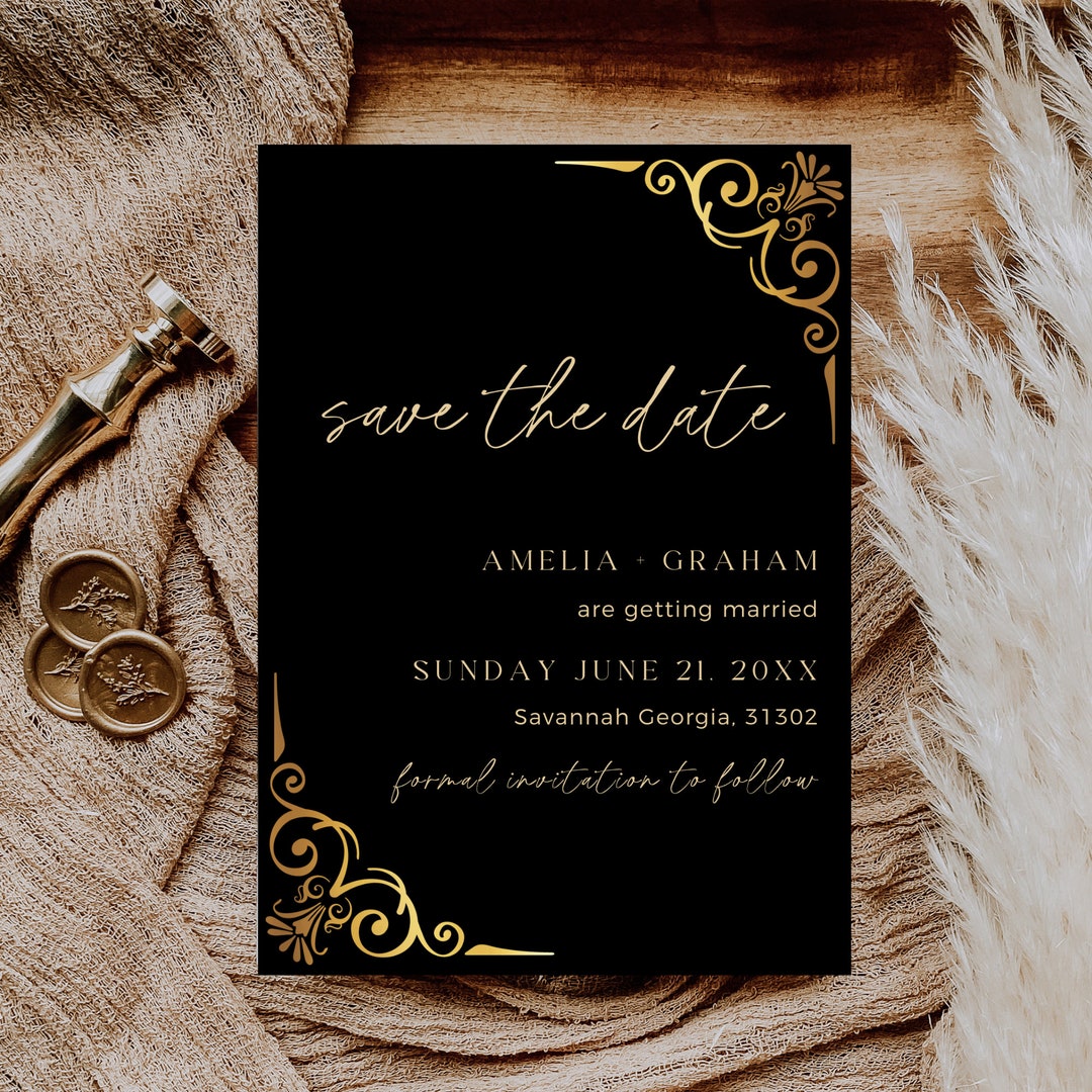 Black and Gold Save the Date Cards, Art Deco Wedding Stationery, Gothic ...