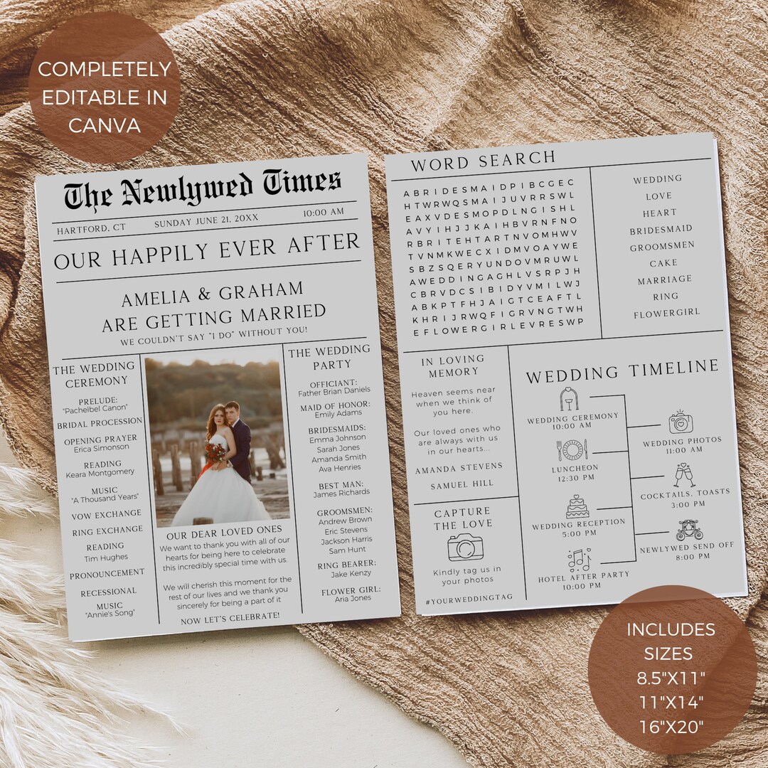 Newspaper Wedding Program Template, Fun Unique Wedding Program With ...