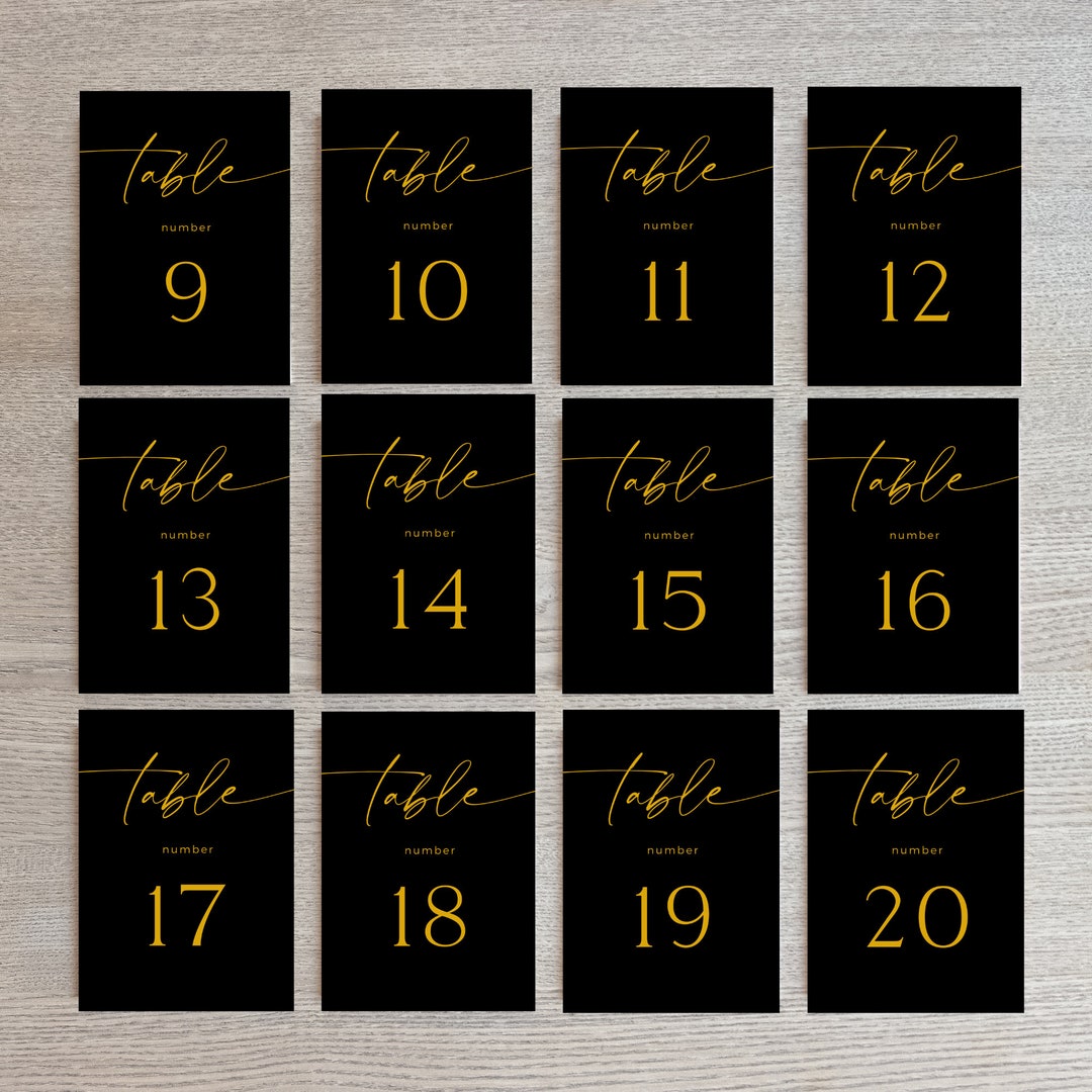 Black and Gold Table Numbers, Editable Template, Table Number Cards ...