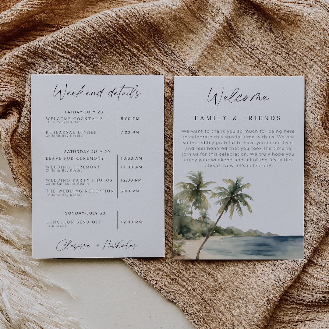Tropical Wedding Itinerary Template, Welcome Bag Note, Travel Wedding ...