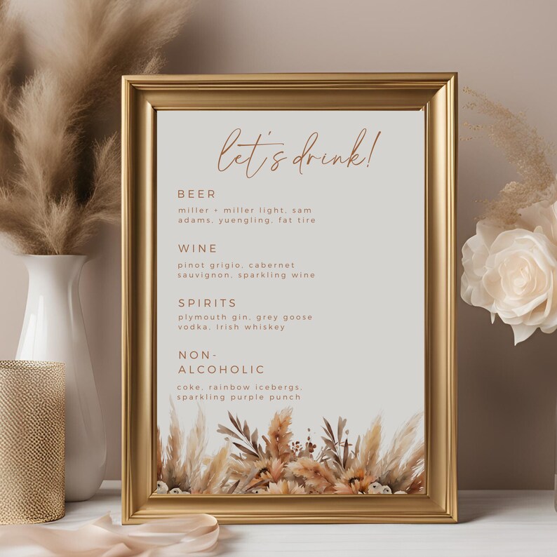 Bohemian Fall Floral Wedding Drink Sign, DIY Earth Tone Bar Menu, Let's ...
