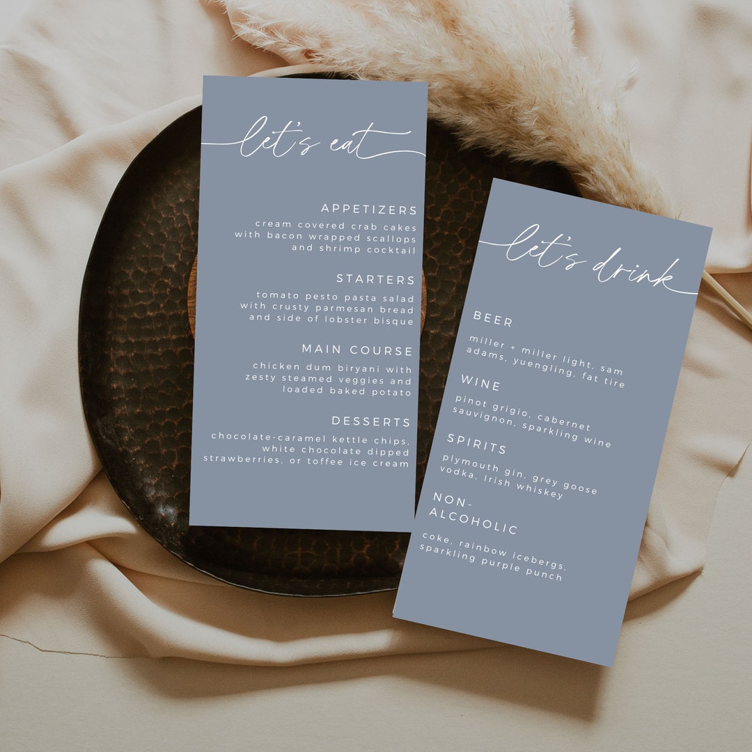 Dusty Blue Wedding Menu Template, Bohemian Wedding Dinner Menu ...