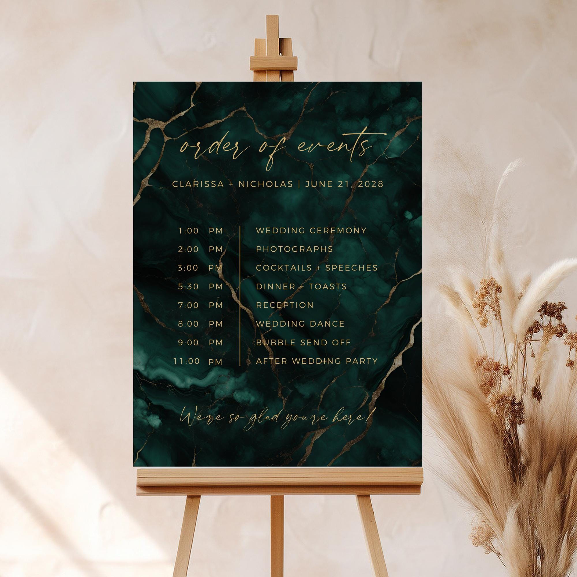 Emerald Green Wedding Timeline Sign, Dark Green & Gold Order of Events ...