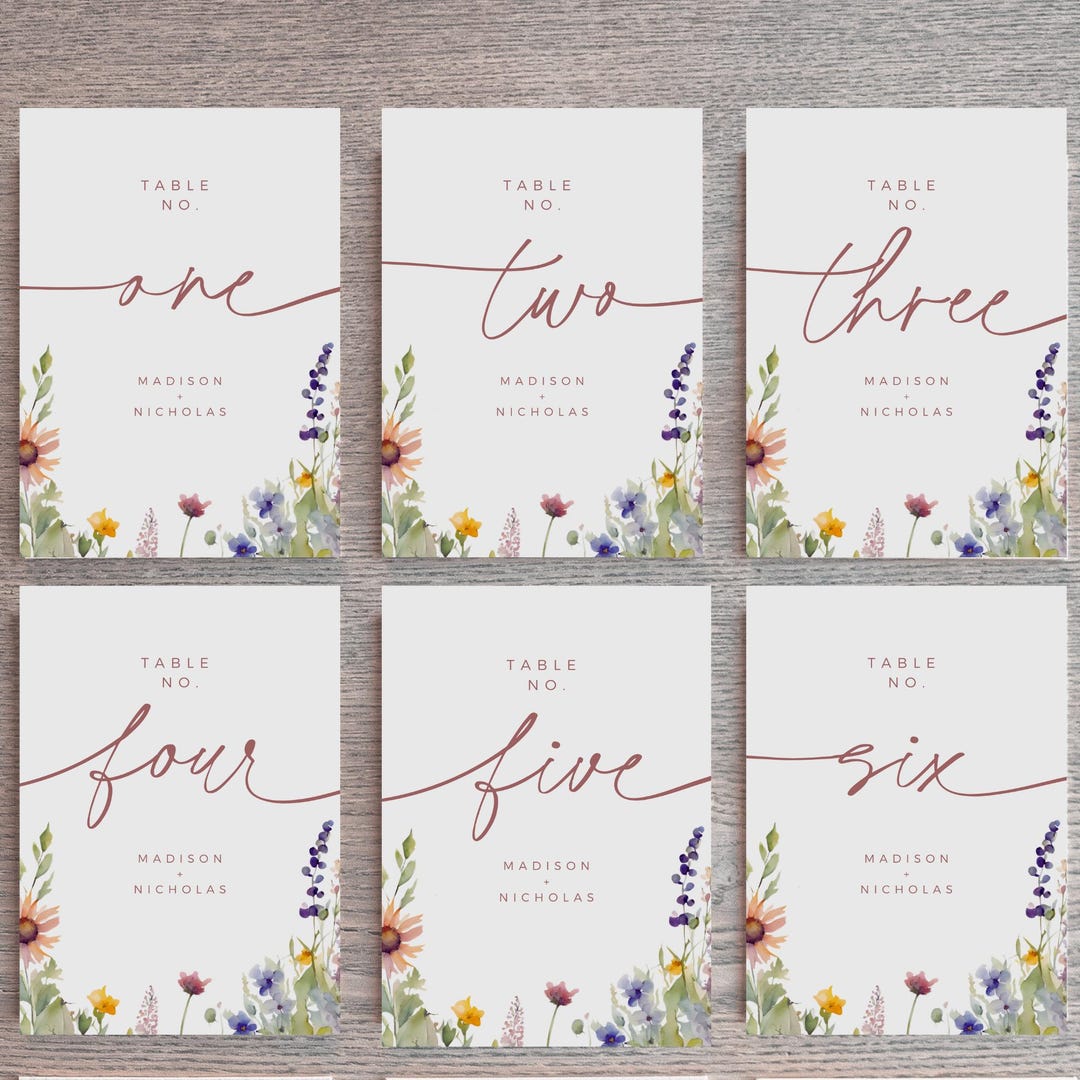 Watercolor Wildflower Table Number Cards, Editable Template, Elegant ...