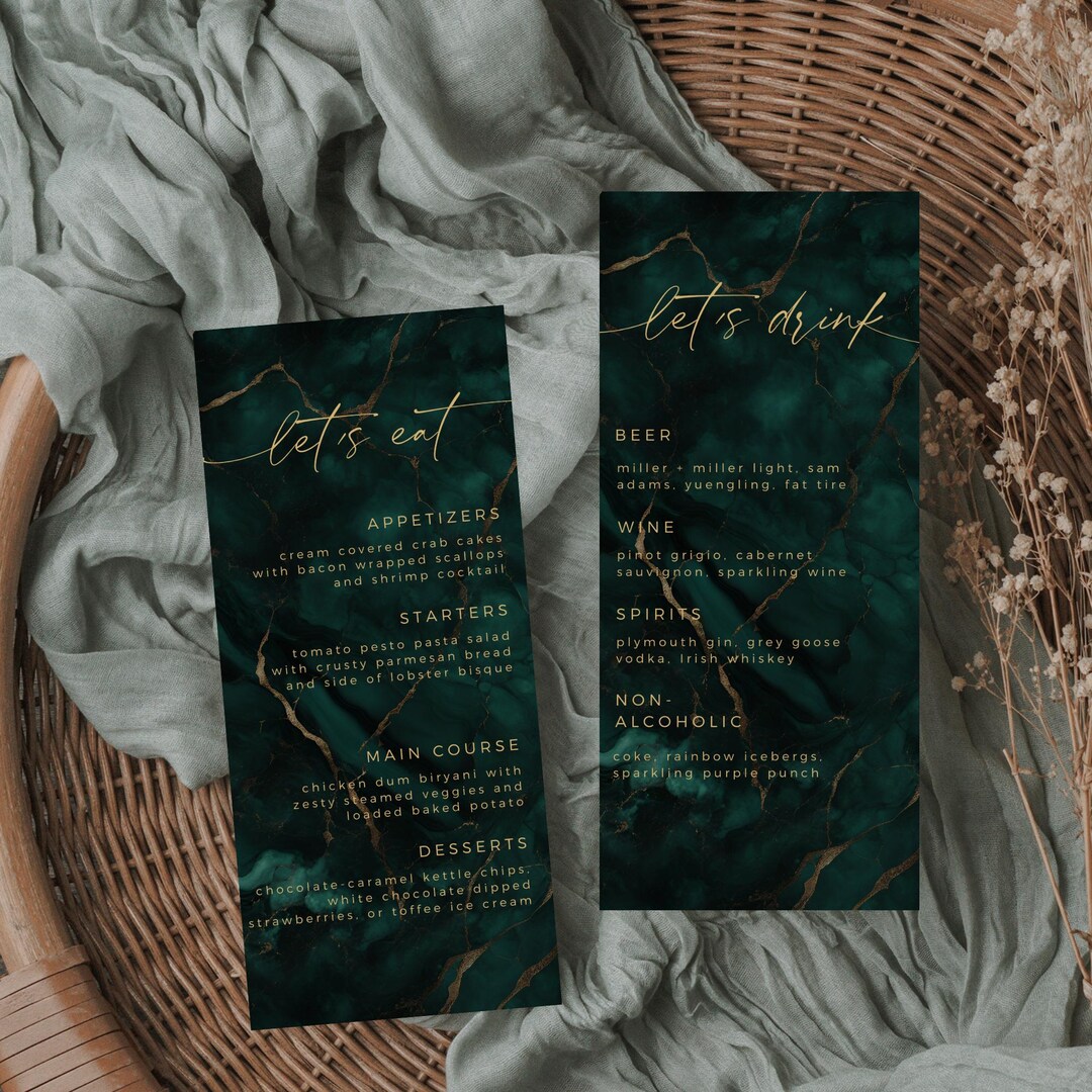 Emerald Green Wedding Menu Cards, Fully Editable DIY Canva Template ...