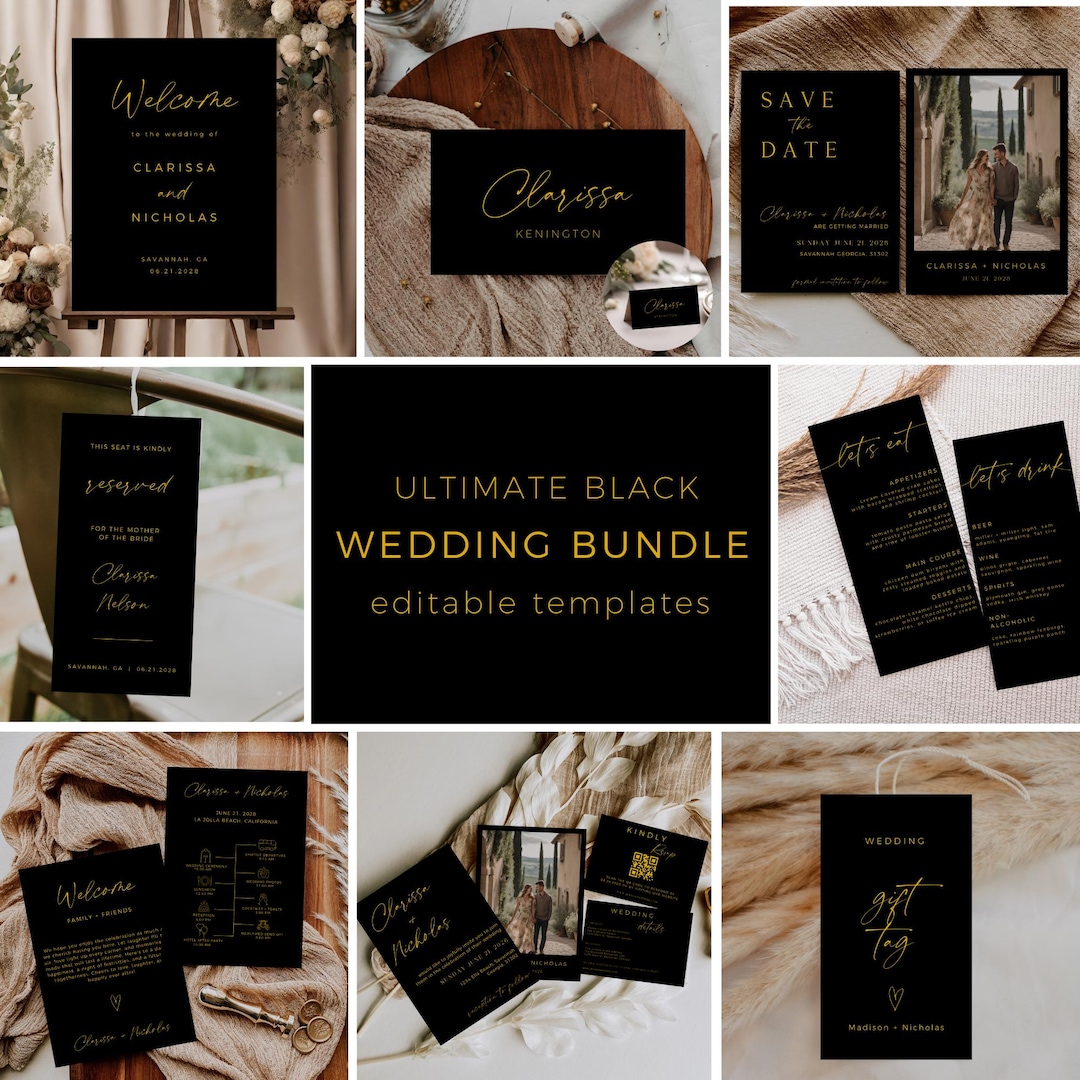 Black and Gold Wedding Bundle Templates, Printable Wedding Stationary ...