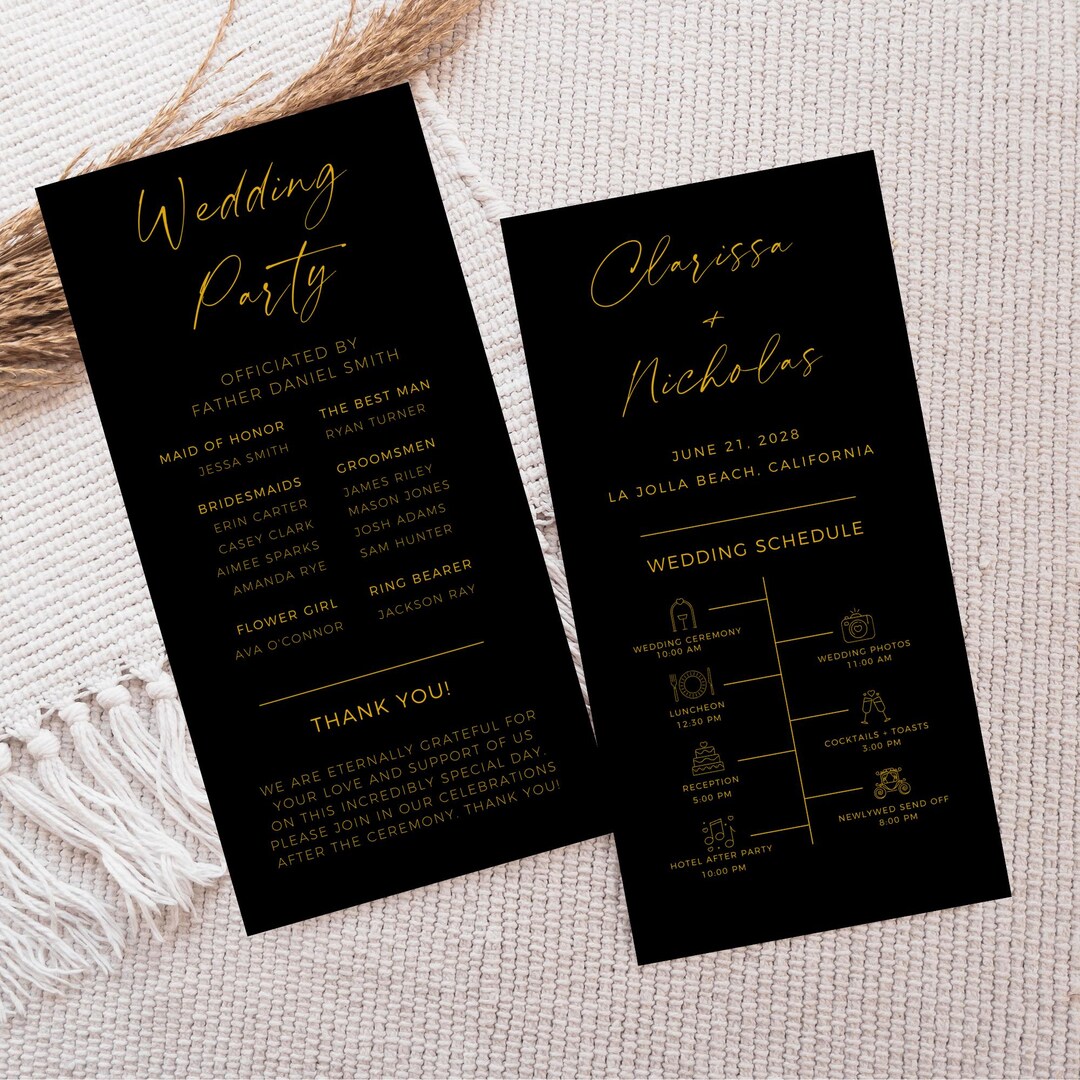 Black and Gold Wedding Program Template, Wedding Day Timeline, Order of ...