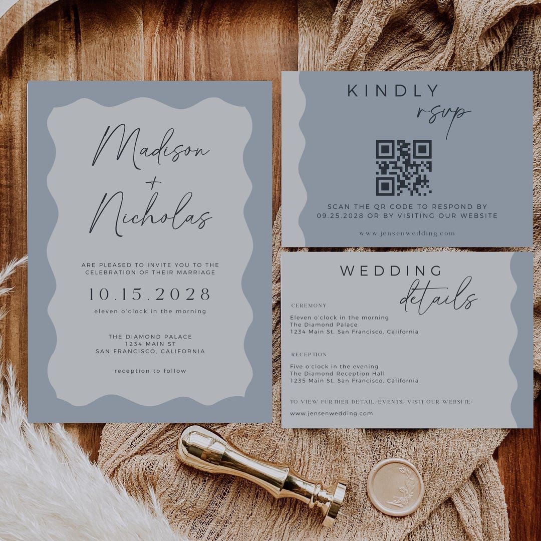 Dusty Blue Wavy Wedding Invitation, Wedding Invite Suite, Unique ...