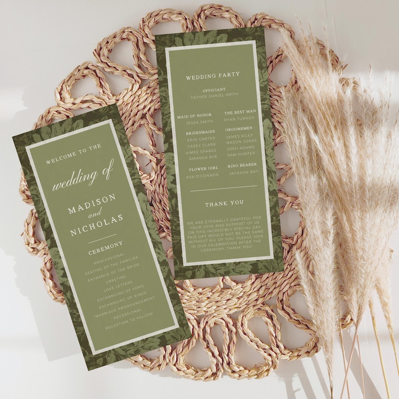 Vintage Green Wedding Program Template, Editable Canva Ceremony Program ...