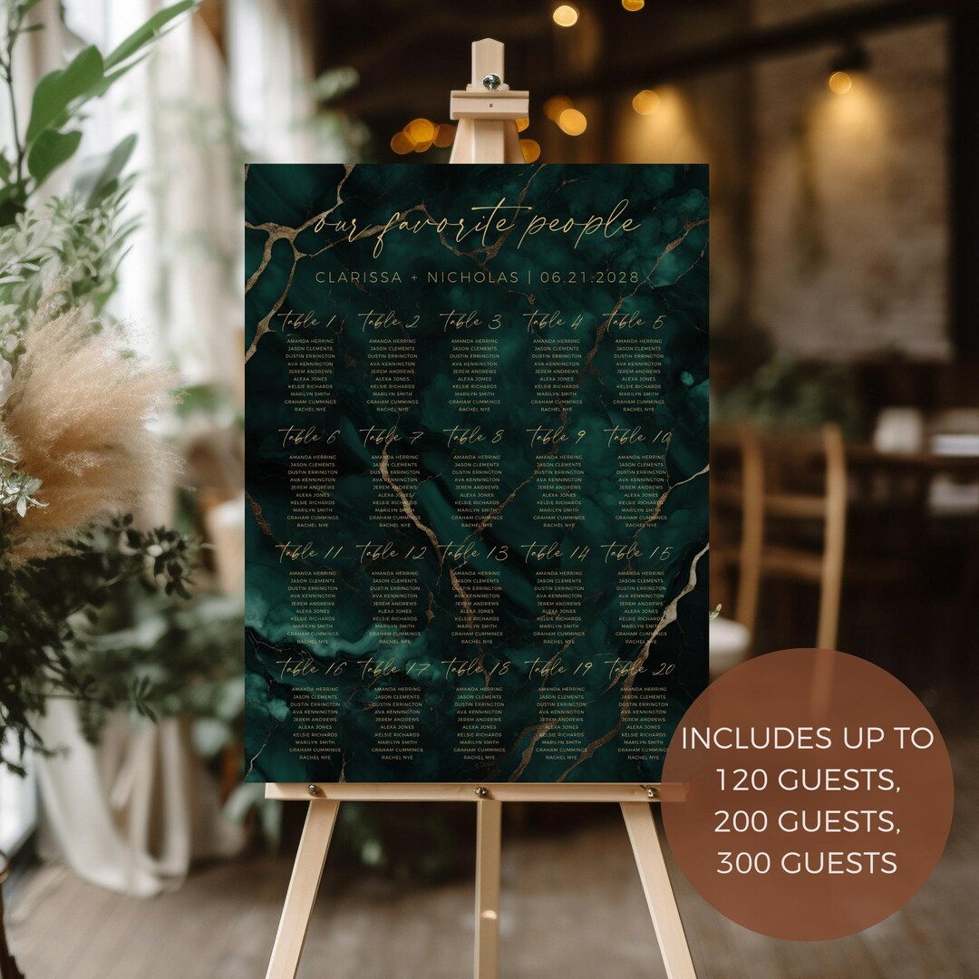 Emerald and Gold Wedding Seating Chart Template, Table Seating Chart ...
