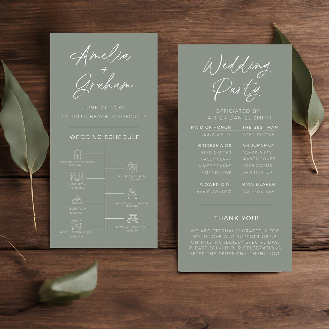 Sage Green Wedding Program Template, Boho Green Wedding Timeline, Order ...