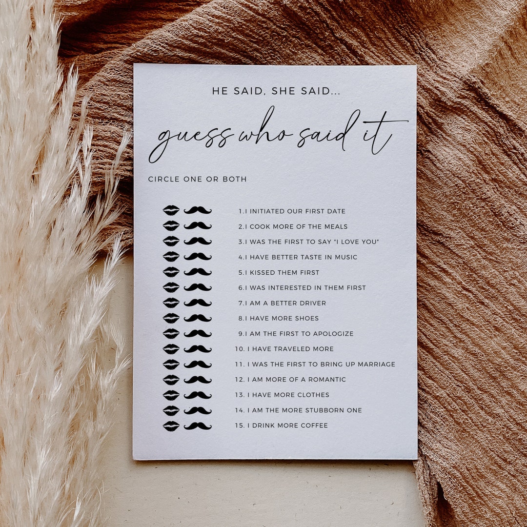 He Said She Said, Guess Who Said It Game, Printable Bridal Shower Game ...
