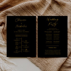 Black and Gold Wedding Program Template, Wedding Day Timeline, Order of Events, Custom Ceremony ...