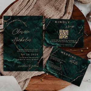 Emerald Wedding Invitation Suite, Dark Green and Gold Invite, Fully Editable Canva Template ...