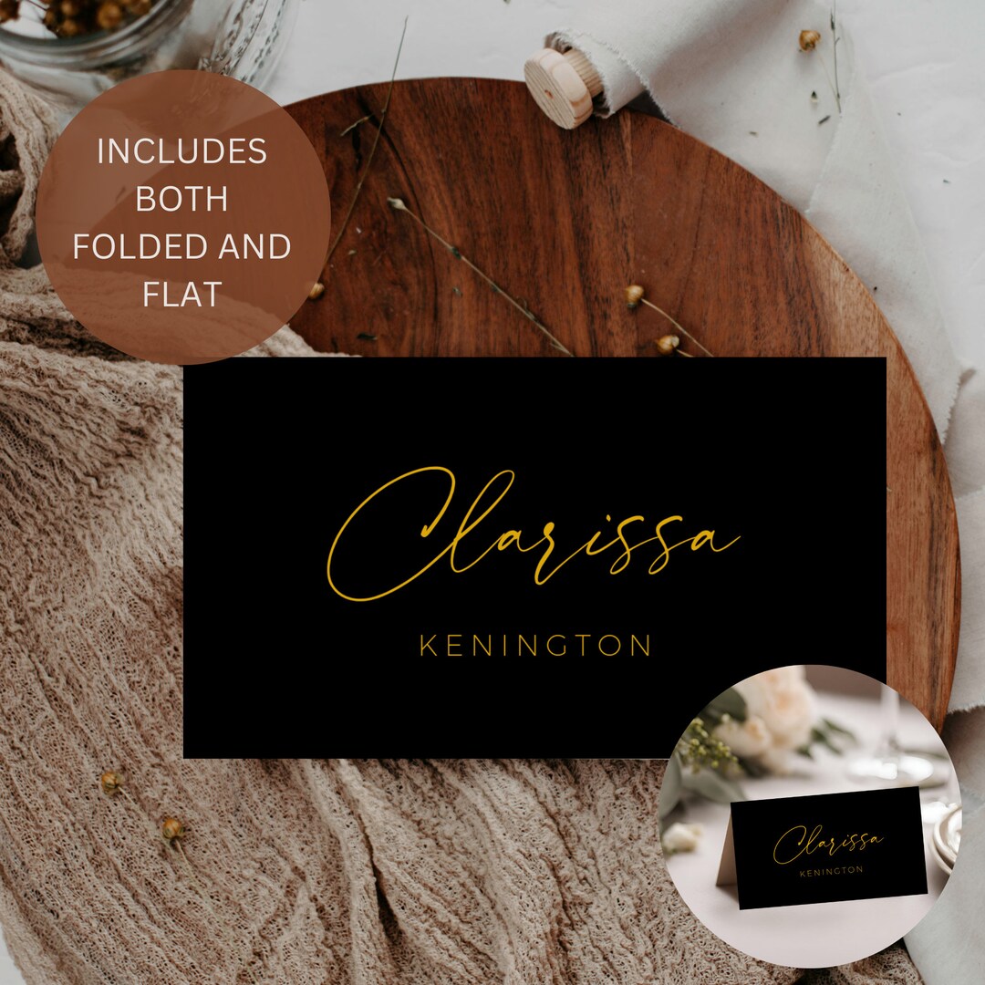 Black and Gold Name Card Template, Wedding Place Card Template ...