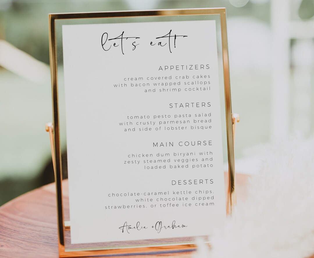 Minimalist Wedding Menu Sign, Wedding Dinner Menu Sign, Let's Eat ...