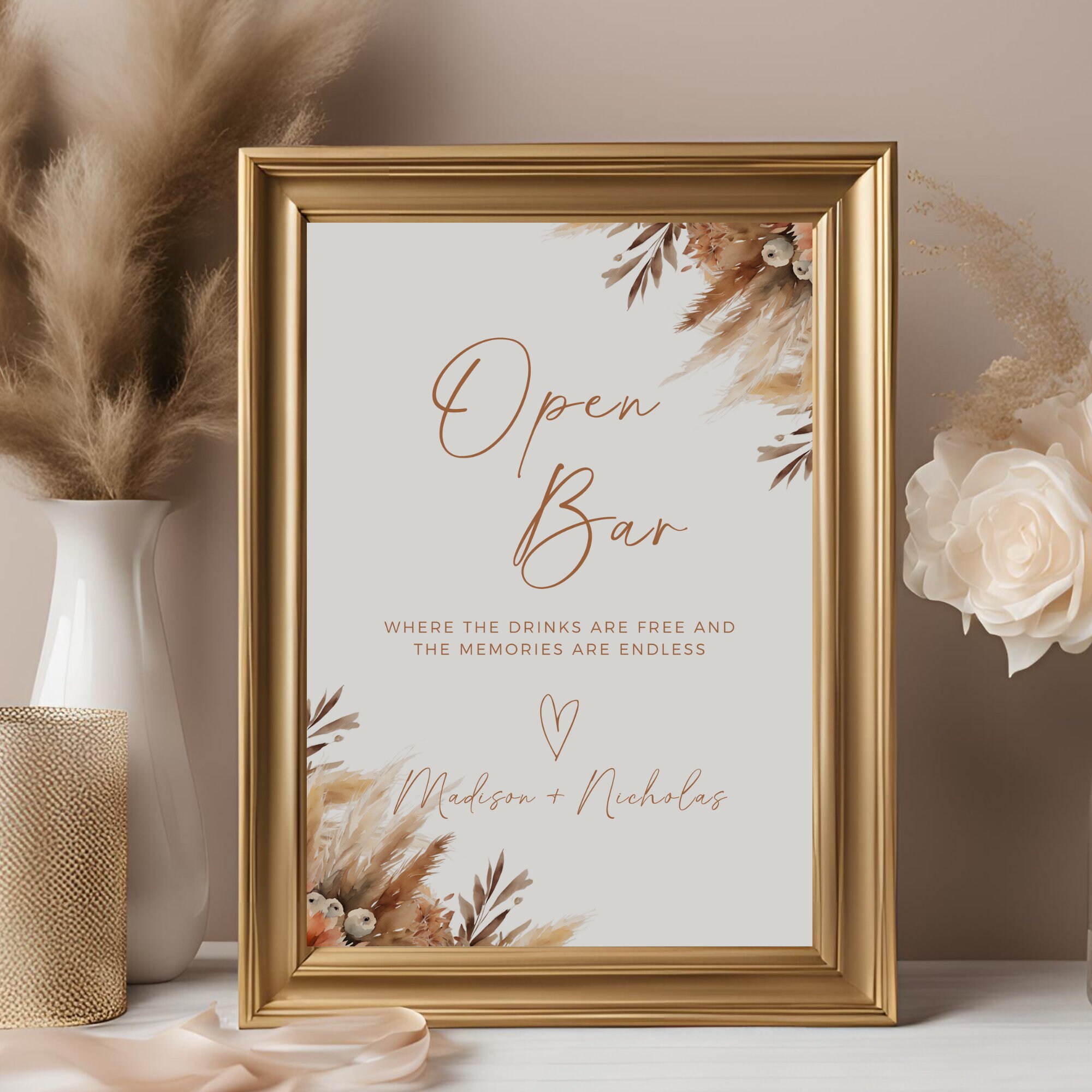 Boho Fall Floral Open Bar Sign Template, Terracotta Wedding Cocktail ...