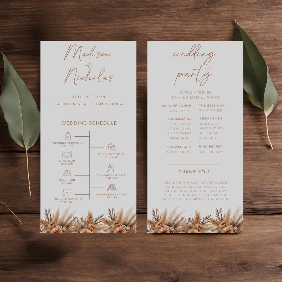 Fall Floral Wedding Program Template, Wedding Itinerary and Order of ...