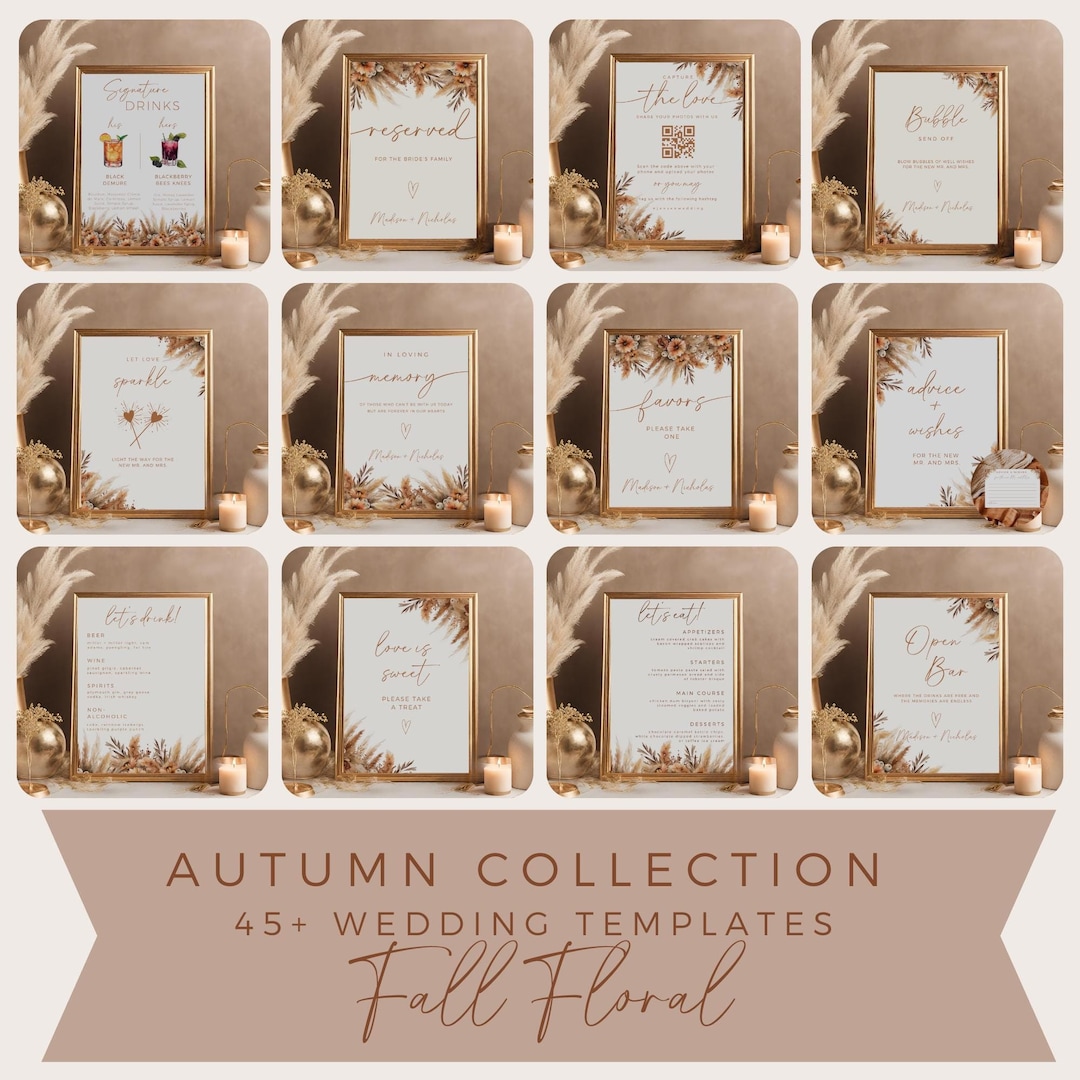 Fall Floral Wedding Bundle, Fully Editable Canva Templates, Earth Tone ...