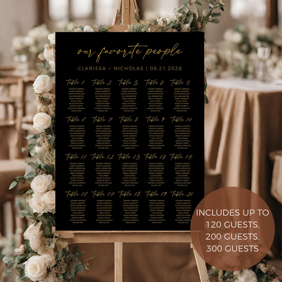 Black and Gold Wedding Seating Chart Template, Table Seating Chart ...
