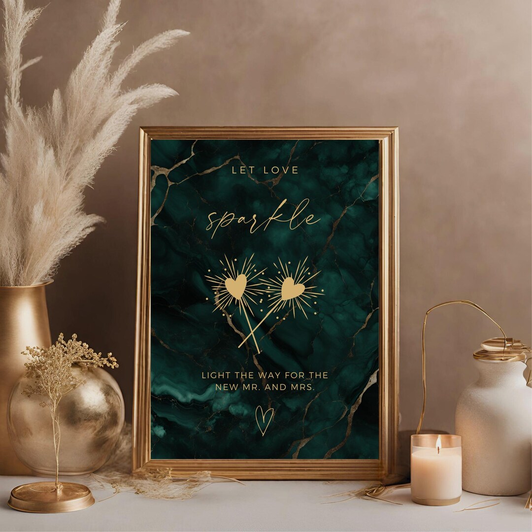 Emerald Sparkler Send off Sign Template, Dark Green and Gold Wedding ...