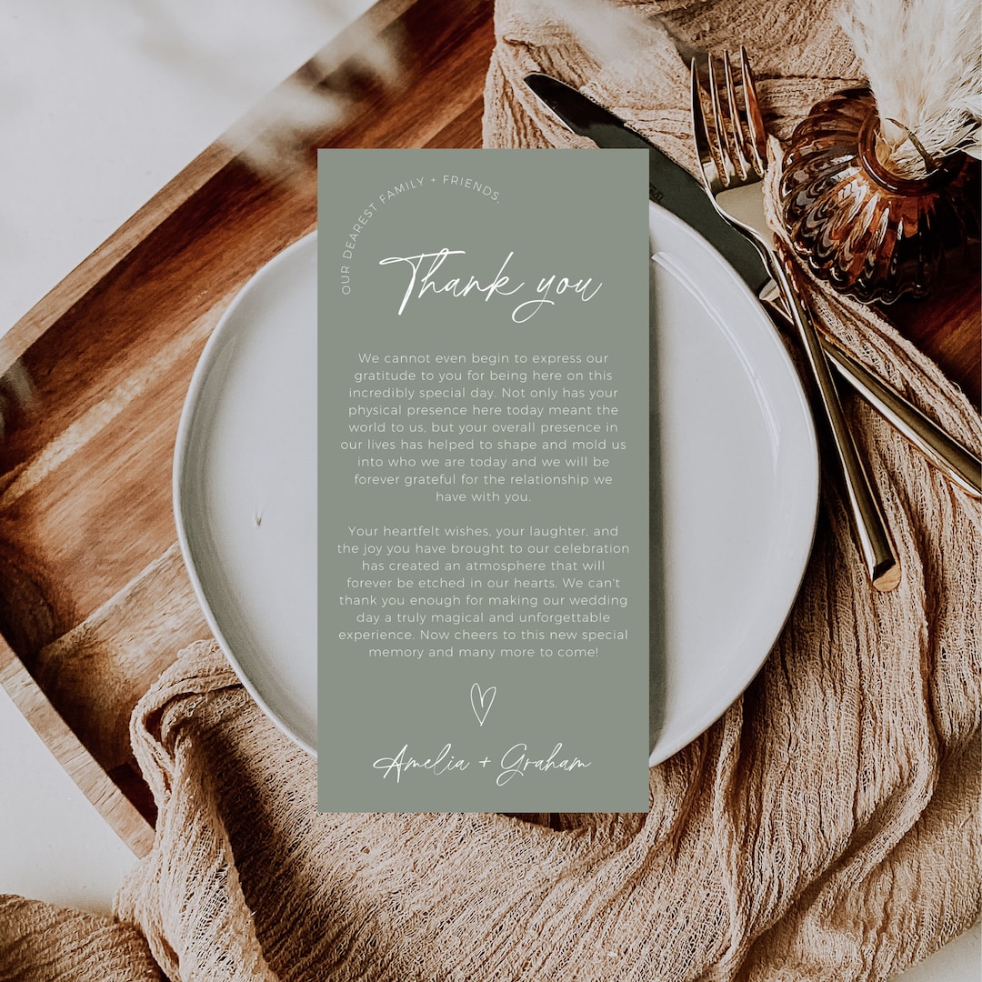 Sage Green Thank You Place Cards, Wedding Menu Thank You Card Template ...