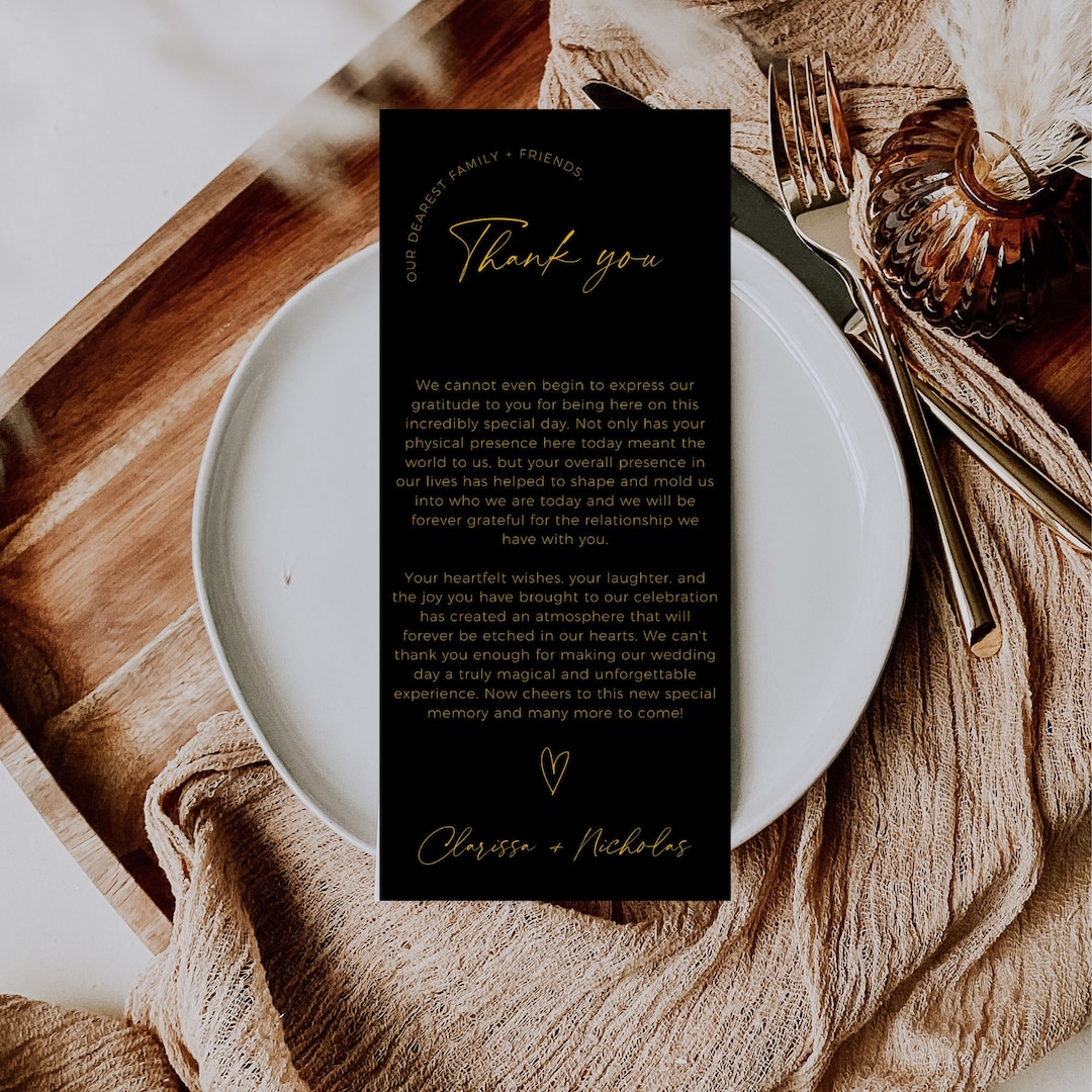 Black and Gold Thank You Place Cards, Wedding Menu Thank You Template ...