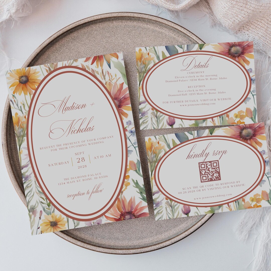 Copperplate Wildflower Wedding Invitation Suite, Editable Canva ...
