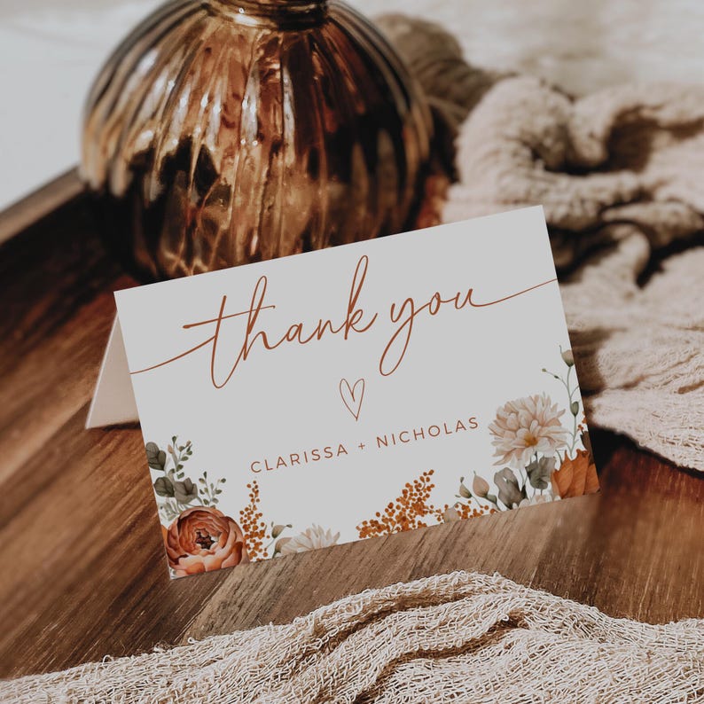 Boho Fall Wedding Thank You Card Template, Folded and Flat, Rustic ...