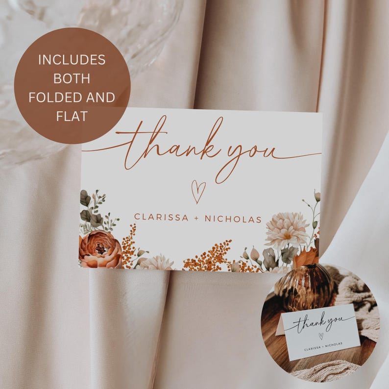 Boho Fall Wedding Thank You Card Template, Folded and Flat, Rustic ...